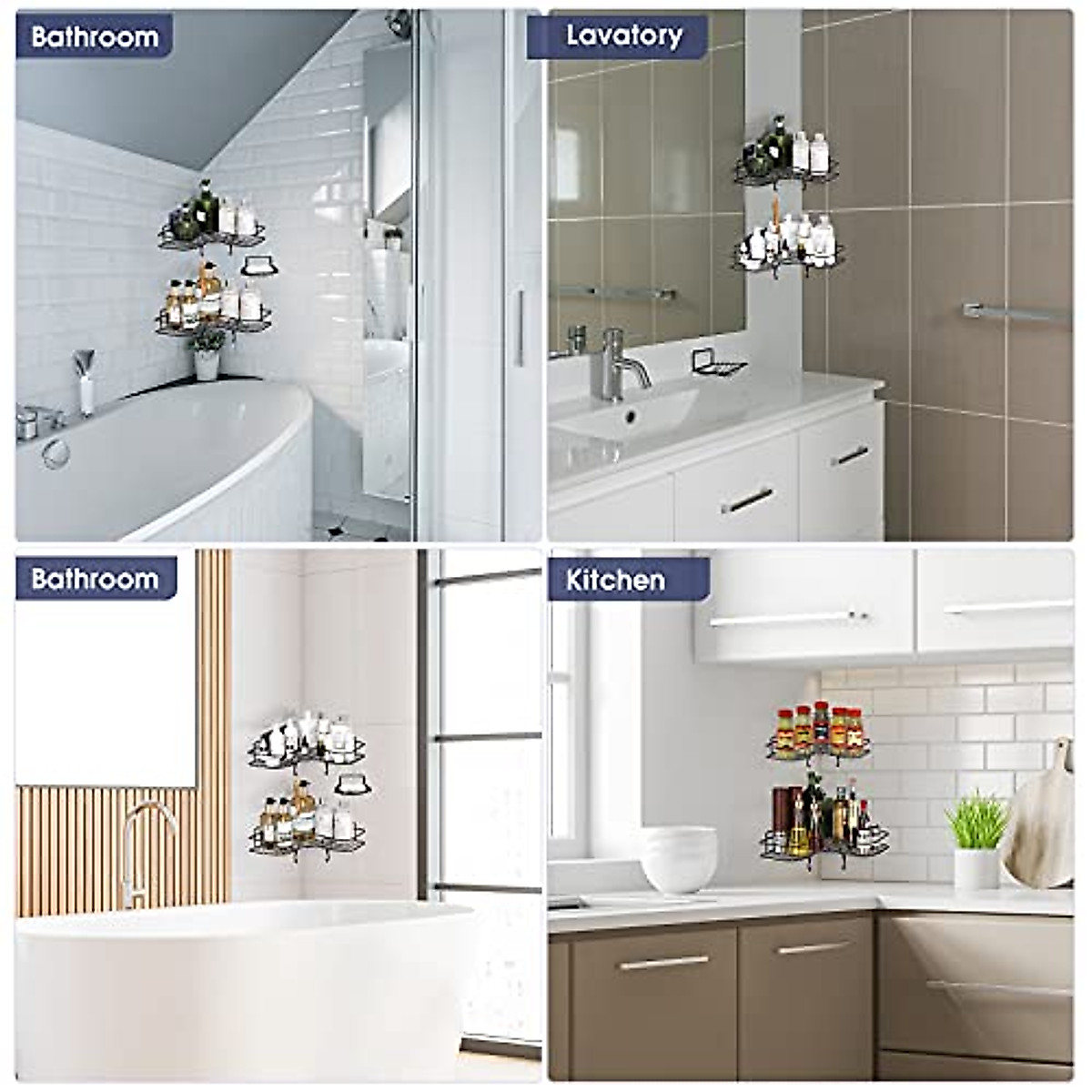 Huryfox Corner Shower Caddy Bathroom Organizer Shower Shelf with Soap Holder and Hooks, Adhesive Shower Shelves, Wall Mounted Shampoo Holder, 2 Pack Shower Racks for Inside Shower, Black