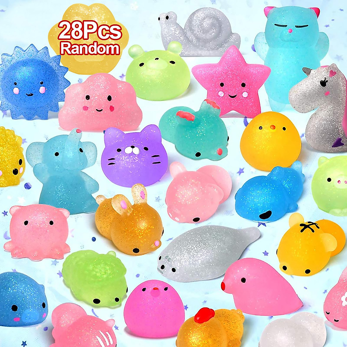 LUDILO Mochi Animal Squishies Toys 2nd Generation Glitter Mochi Squishy 28pcs Kawaii Mini Squishies Party Favors for Kids Stocking Stuffers Class Prizes Valentines Birthday Gifts Easter Egg Fillers