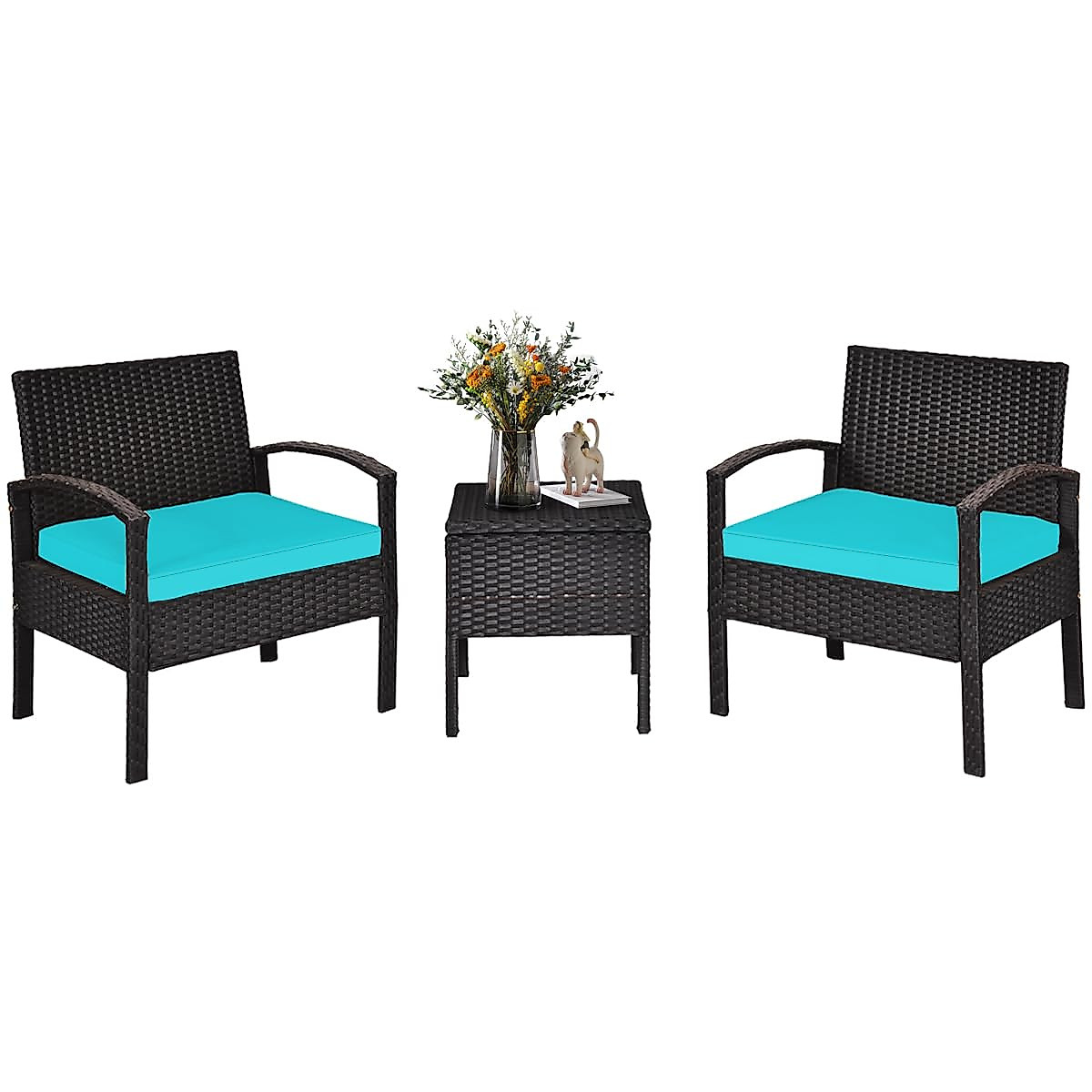 DORTALA 3 Piece Wicker Patio Furniture Set, Outdoor Conversation Bistro Sets with Rattan Chairs & Storage Table for Backyard Porch Garden Poolside, Turquoise