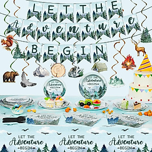 146 PCS Adventure Awaits Party Supplies Let The Adventure Begin Plates Napkins Adventure Table Cover Disposable Paper Plates Napkins Tablecloth Hanging Swirls Banner for Baby Shower Birthday Party