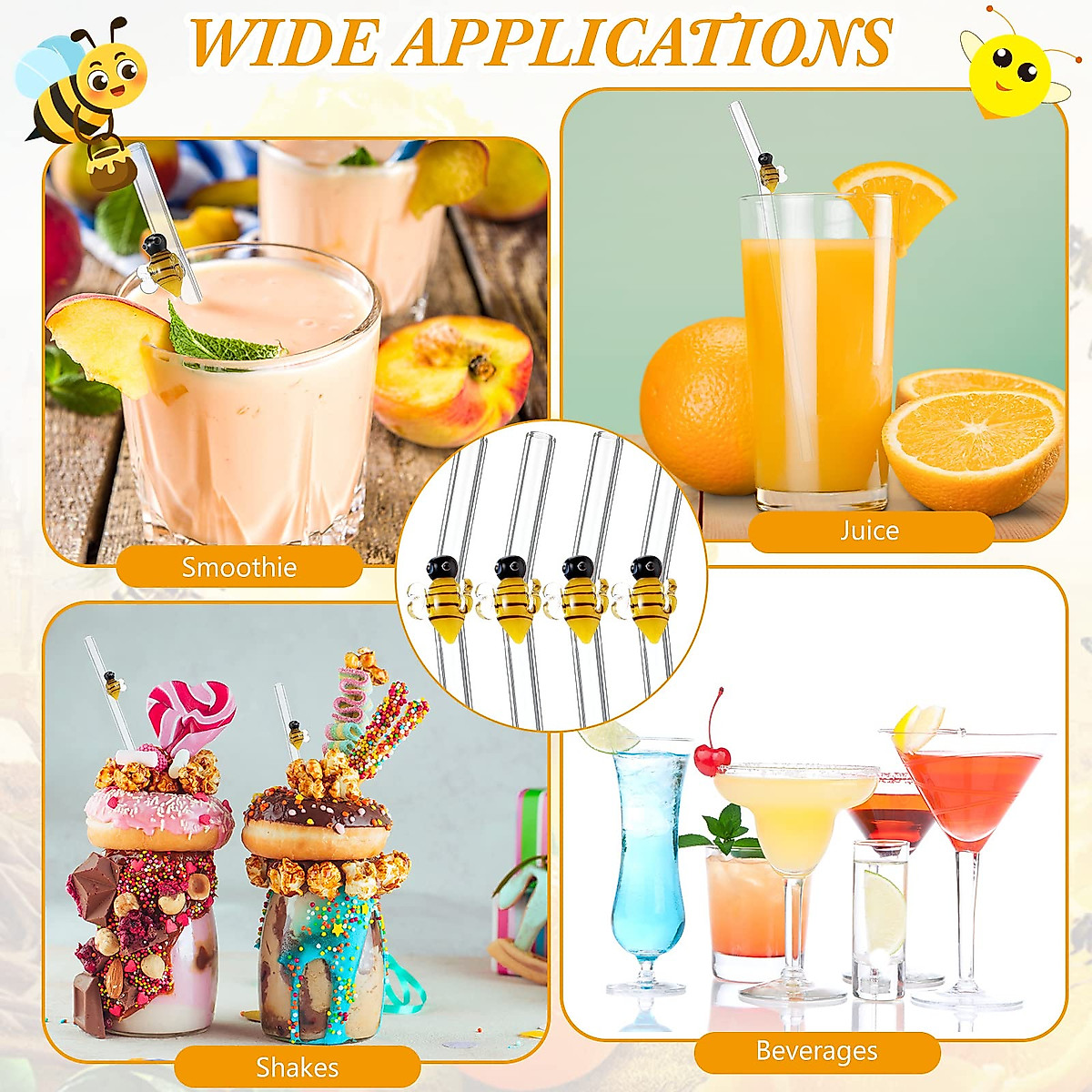 6 Pcs Reusable Glass Straws, Cute Bee on Clear Straws with Design 7.9 In x 8 Mm Colorful Shatter Resistant Bent Drinking Straws for Beverages, Shakes, Juices Suitable for Smoothies, Cocktails