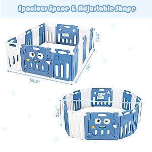 Costzon Foldable Baby Playpen, 16-Panel Baby Play Yards with Lock Door & Anti-Slip Rubber Bases, Indoor Outdoor Safety Baby Fence with Adjustable Shape for Children Toddlers (16 Panel, Blue + White)