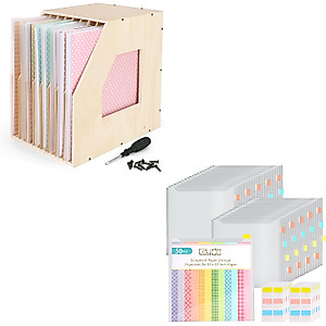 Caydo Wood Paper Storage Organizer with 50 Pieces Scrapbook Paper Storage Organizer and 120 Pieces Sticky Index Tabs for Holding 12 x 12 Inch Scrapbook Paper, Files, Vinyl Paper and Cardstock