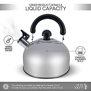 ELITRA HOME Whistling Tea Kettle Stainless Steel Tea Pot with Stay Cool Handle 2.6 Quart / 2.5 Liter (SATIN)