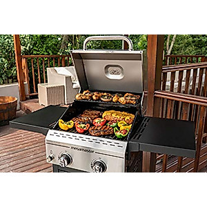Megamaster 720-0864MA 2 Burner Propane Barbecue Gas Grill, for Camping, Outdoor Cooking, Patio, Garden Barbecue Grill, 28000 BTUs, with Foldable Side Table, Silver and Black