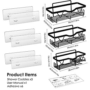 longzon Shower Caddy with 6 Traceless Adhesive, 3 Pack Shower Organizer, No Drilling Stainless Steel Shower Shelf, for Bathroom Suction Cup Storage Rack Shelves Black