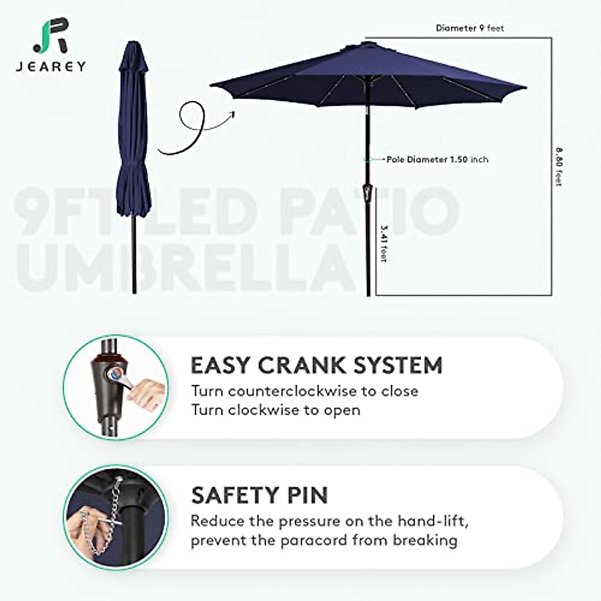 JEAREY 9FT LED Lighted Patio Umbrella, Solar Outdoor Umbrella, Tilt Table Umbrellafor Pool, Deck & Yard (Navy)