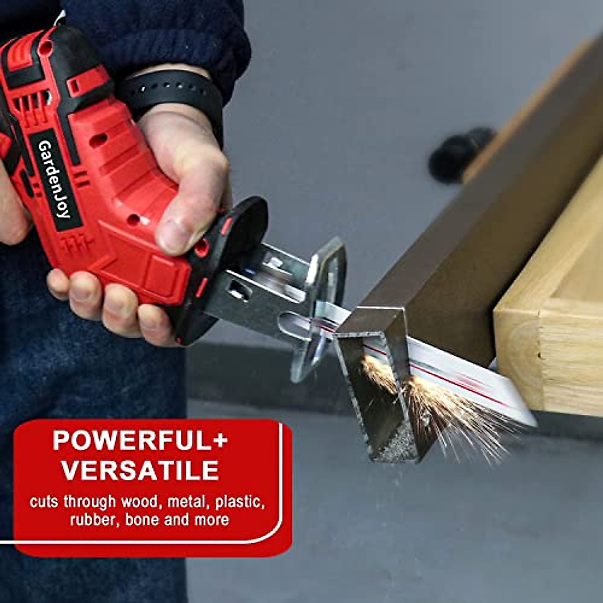 GardenJoy Cordless Power Reciprocating Saw: 21V Electric Compact Saw with 3.0Ah Battery and Charger, 6 Saw Blades, Variable Speed, Battery Powered Saw with Tool Box for Woods/Metal/Plastic Cutting