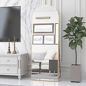 Poseerkey Arched Full Length Mirror 64" x 21", with Stand Large Floor Mirror, Full Body Mirror Standing Hanging or Leaning Against Wall Mirror for Bedroom, Living Room, Gold