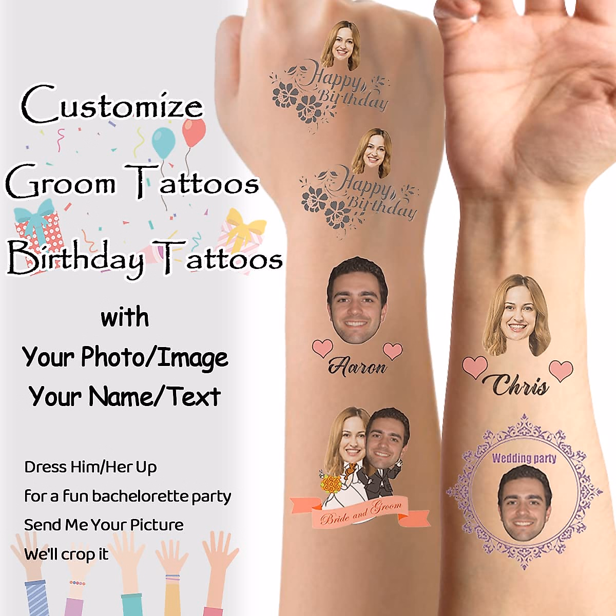 Personalized Temporary Tattoo Custom Name Boy Face Custom Tatto Paper 1 Set of 15 Pieces Birthday Bachelor Wedding Tattoos