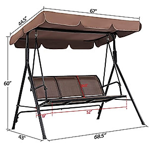 Yaheetech Outdoor Porch Swing Chair for Adults, 3-Seat Patio Sunset Hanging Swing w/Texteline Fabric & Adjustable Canopy & Armrests, Canopy Lounge Chair for Backyard/Garden/Balcony