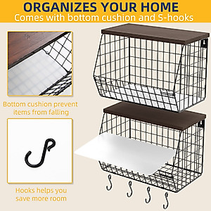 2pcs Fruit Basket Onion Storage Wire Baskets with Wood Lid, Multifunctional Stackable Wall-mounted & Countertop Tiered Kitchen Counter Organizer for Snack,Produce,Onion and Potato Storage Bins
