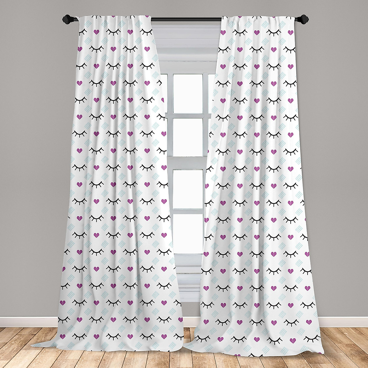 Ambesonne Eyelash Window Curtains, Winking Eyes and Pink Hearts Romantic Pattern Cartoon Childish, Lightweight Decorative Panels Set of 2 with Rod Pocket, 56" x 95", Blue Fuchsia