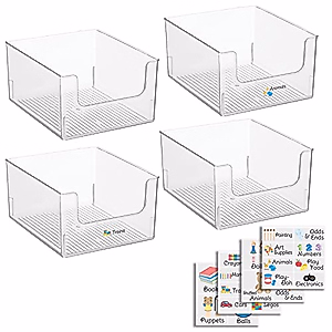 mDesign Plastic Open Front Toy Storage Organizer Bin for Playroom, Nursery, Kids Closets; Holds Action Figures, Crayons, Building Blocks, Puzzles - Ligne Collection - 4 Pack + 24 Labels - Clear