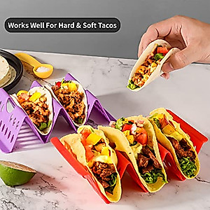 Premium Large Taco Holder Stand, Colorful Taco Holders Set of 6 or 4, Taco Stands for 3 Tacos, Soft or Hard Taco Shell Holder, Street Taco Rack, Taco Tray Plates, BPA Free, Dishwasher&Microwave Safe