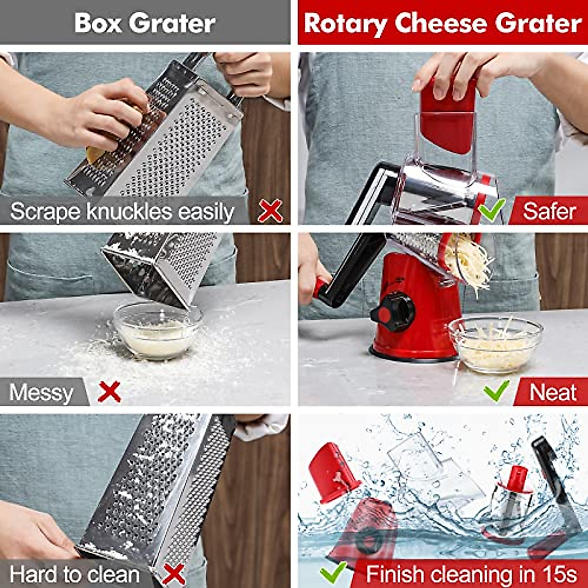 Cheese Grater Rotary, Rotary Grater for Kitchen, Kitchen Grater Vegetable Slicer with 3 Drum Blades, Fast Cutting Cheese Shredder for Vegetables and Nuts