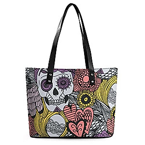 Womens Handbag Skull Floral Pattern Leather Tote Bag Top Handle Satchel Bags For Lady