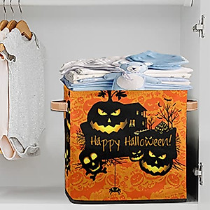 Large Collapsible Storage Bins,Happy Halloween Decorative Canvas Fabric Storage Boxes Organizer with Handles,Cube Square Baskets Bin for Home Shelves Closet Nursery Gifts