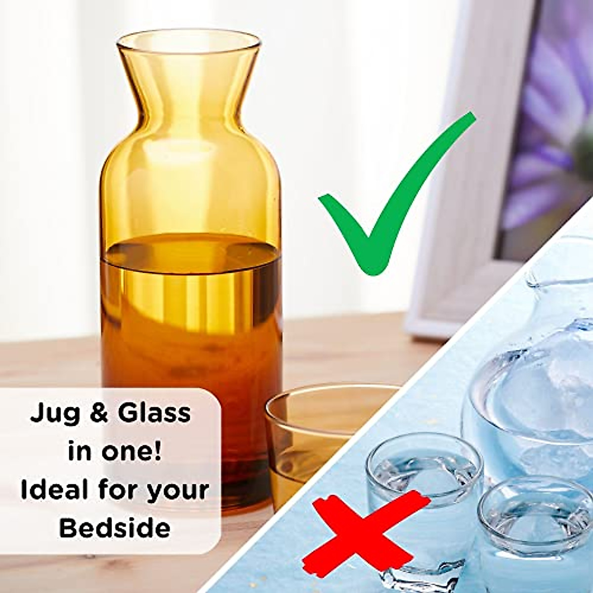 Bedside Carafe and Glass Set 23.66oz – Bedside Night Carafe with Glass - Fabulous All in One Hydration Experience for Outdoor Dining and Picnics - Amber Design