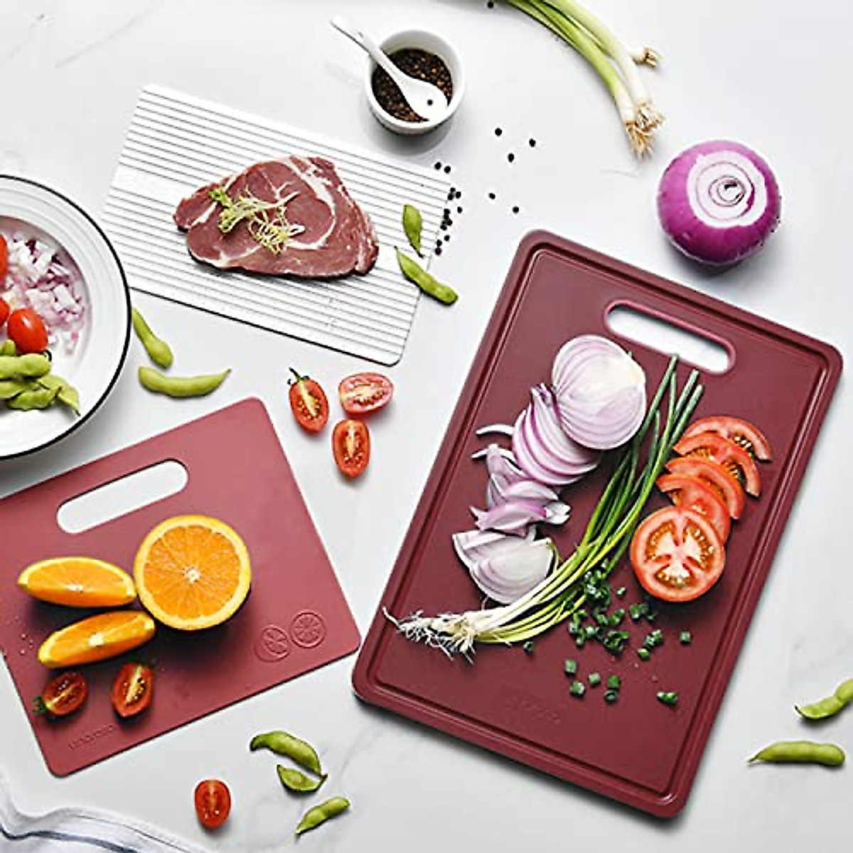 Linoroso Cutting Boards for Kitchen with Defrosting Tray Set of 3, Dishwasher Safe Plastic Cutting Board with Deep Juice Grooves, Non-Slip Durable Chopping Boards for Meat, Veggies, Fruits - Red