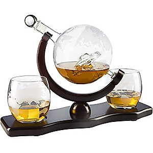 The Wine Savant Globe Car Whiskey Decanter - With 2 Globe Glasses, Includes Whiskey Stones For Whiskey, Scotch, Bourbon or Wine Matching Globe Glasses, HOME BAR DECOR