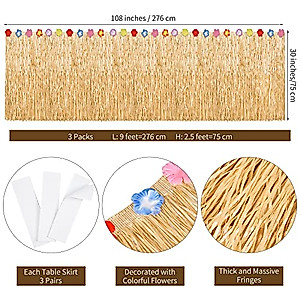 ADXCO 3 Packs Hawaiian Luau Grass Table Skirt 108 x 30 Inch Tropical Hibiscus Luau Party Decorations Brown Hawaiian Table Skirts for Moana Themed Events, Birthday