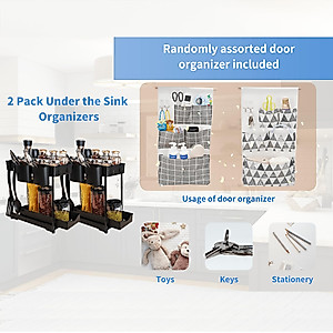 SBD 2 Pack Under Sink Organizers and Storage, 2-Tier Sliding Under Cabinet Organizer for Bathroom and Kitchen with Multi Purpose Door Organizer, 4 Cups, and 10 Hooks - Black