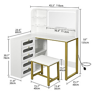 DWVO Vanity Desk with Drawers & LED Lighted Mirror 3 Lighting Mode & 48" L Shaped Corner White Vanity Set with Stool, 5 Acrylic Drawer Cabinet, Stylish Bedroom Makeup Table Set, White