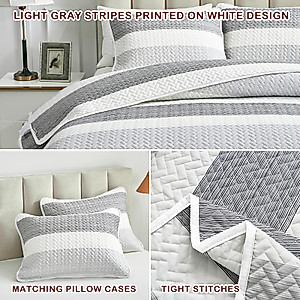 Joyreap 3-Piece Cotton Quilt Set King, Light Gray Penicl Line Stripes Printed on White, Smooth Soft Quilt Bedspread Bed Cover for All Season- 102x90 inches