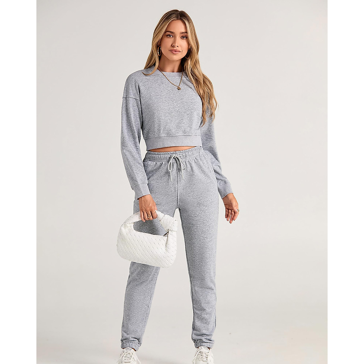BTFBM Women 2 Piece Outfits Long Sleeve Crop Top Pullover Drawstring Pant Jogger Set Casual Sweatsuits Tracksuit Pockets(Grey, Small)