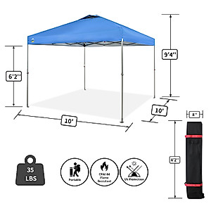 CROWN SHADES 10x10 Canopy Tent, Pop Up Beach Tent for Outdoor Shades with Wheeled Bag, 8 Stakes, 4 Ropes, Outdoor Canopy, Blue