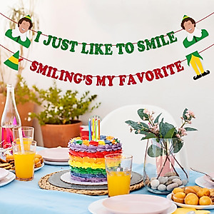 Funny Elf Christmas Decorations, Novelty Buddy The Elf Party Banner Decor Supplies, Holiday Hanging Sign for Fireplace Mantle Wall Decor, Christmas Party Photo Booth Backdrop - I Just Like to Smile