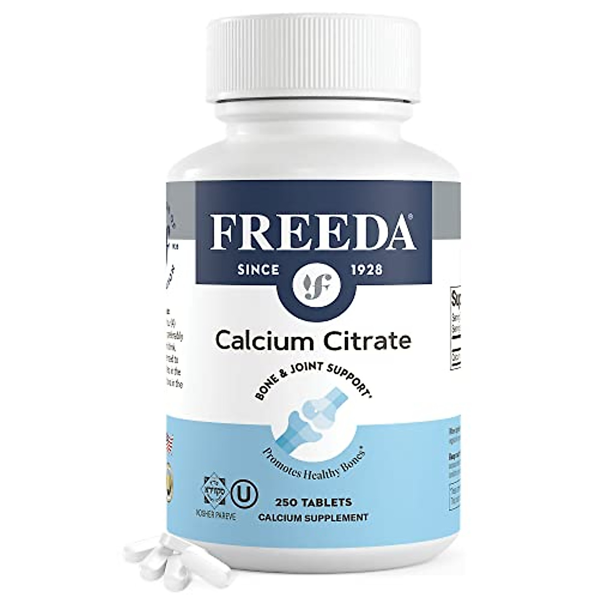 Freeda Calcium Citrate - Kosher Vegan Calcium Supplement for Women & Men - Bone Health & Joint Support - Calcium 1000mg per serving - Calcium Citrate 1000mg Tablets Calcium without Vitamin D (250 Ct)