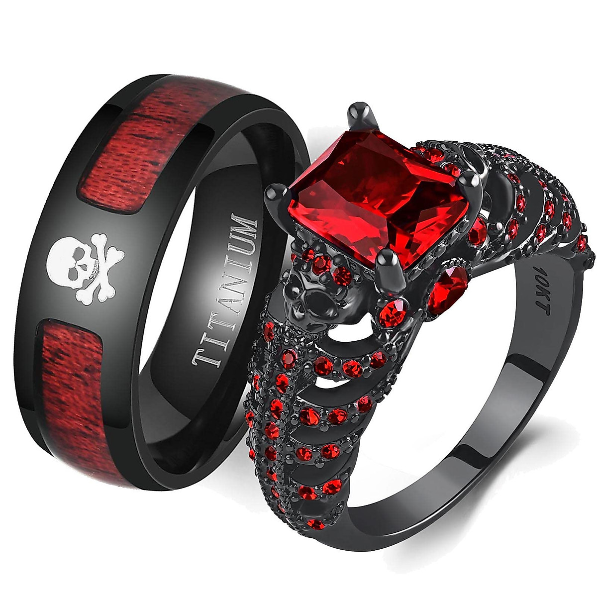 Ringcrown Couple Rings Matching Ring Black Skull Ring Red CZ Womens Wedding Ring Punk Ring