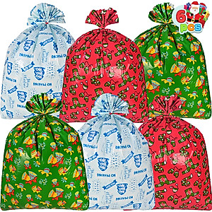 JOYIN 6 Pieces Christmas Giant Goody Gift Bags, Jumbo Size 43” X 36”, W/ Tie & Name Card Assortment for Holiday Treats, Oversize Xmas Gifts, Heavy Duty Party Favor Supplies, Christmas Goodie Large Bags