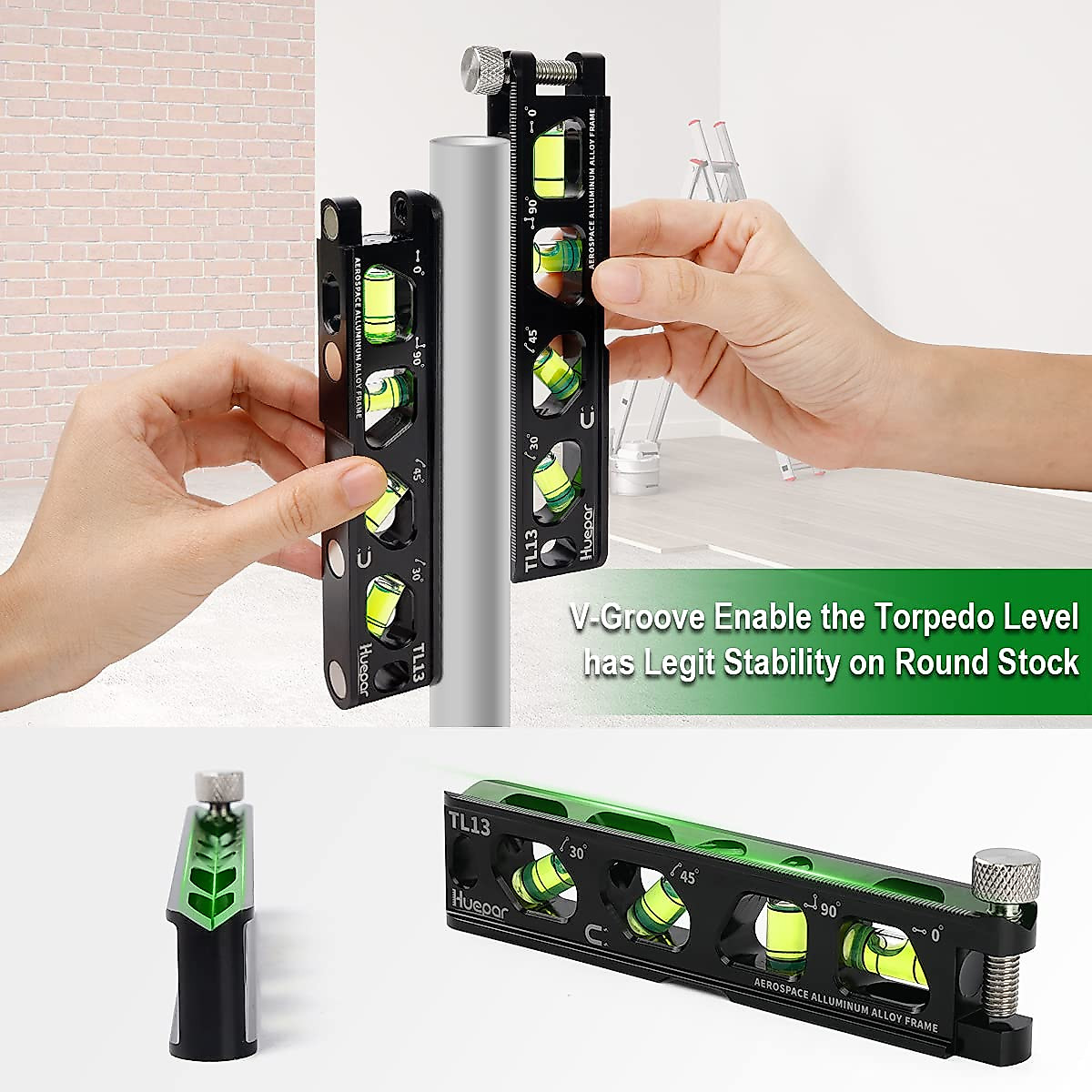 Huepar Torpedo Level, Magnetic Conduit Level with 4 Vials, 6.2 inch Aluminum Alloy Construction Spirit Level with V-Groove and Magnet Track, High Precision Bubble Level, Double Scale, Thumb Screw-TL13