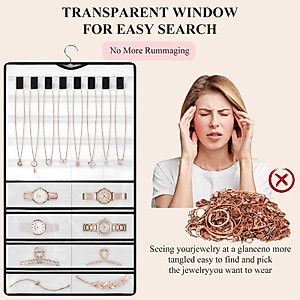 Elegant Hanging Jewelry Organizer for Closet, Double-Sided Dustproof Closet Jewelry Organizer for Earrings Necklaces Rings, Metal Hooks Wall Hanging Jewelry Organizer for in Hanging Closet, Wall, Door