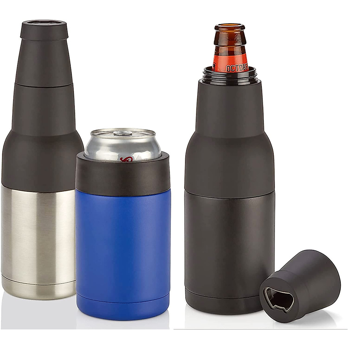 Stainless Steel Vacuum Insulated Double Walled Stainless Steel Cooler with Beer Opener 3 in 1 Beer Bottle and Can Cooler, 12 oz. Slim Can Insulator Holder (green)