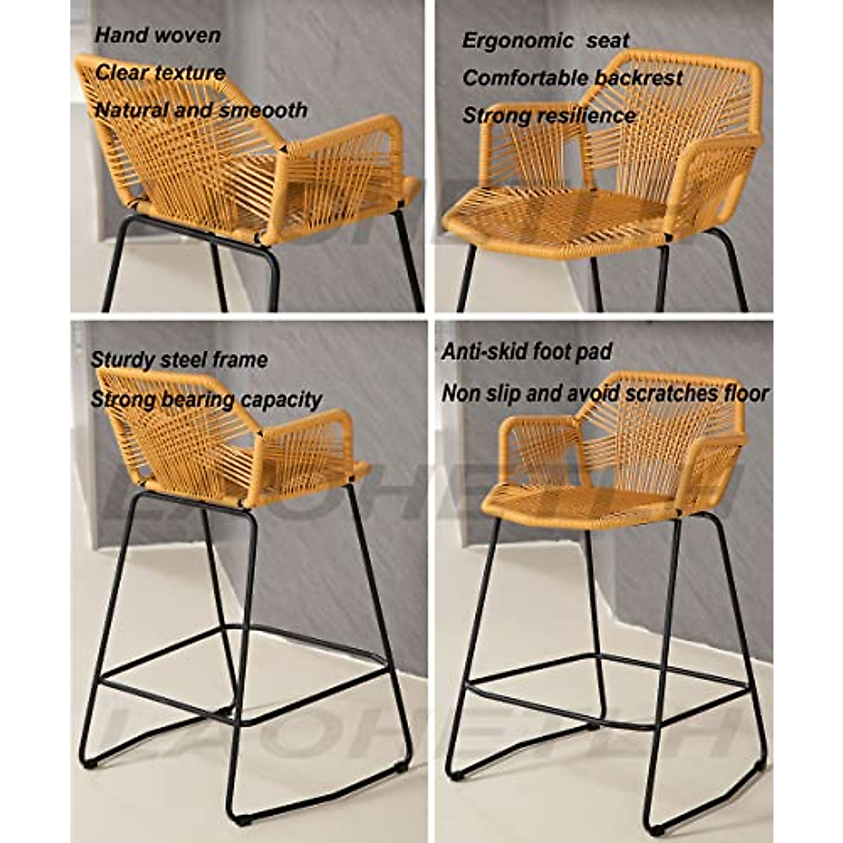LAOHETLH Beige Rattan Bar Stool Bar Chairs Set of 2 Comfortable Simple and Beautiful Counter Chair Home Décor Rattan Barstools Chair with Footrest & Back