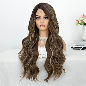 K'ryssma Ash Brown Wig with Highlights Long Wavy Synthetic Wigs for Women Natural Hairline Ombre Highlight Wig with Dark Roots