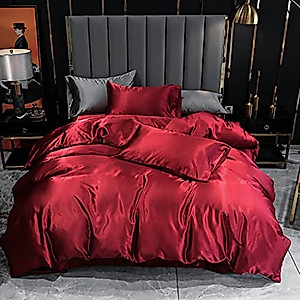 3 Pieces Silk Like Comforter Cover Set with Zipper Closure, Microfiber Luxury Breathable Ultra Soft Bedding Duvet Cover Set, Solid Color Modern Quilt Cover Set,Red,Queen(90''x90'')