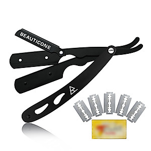 BEAUTICONE Straight Razor - Black Full Steel Barber Razor With Leaf Handle (5 double edge blades)