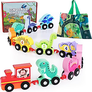 HELLOWOOD Dinosaur Toys for Toddlers Age 2-4, Wooden Dinosaur Train Set with Playmat/Storage Bag, Montessori Educational Toys for 2+ Years Old Boys & Girls
