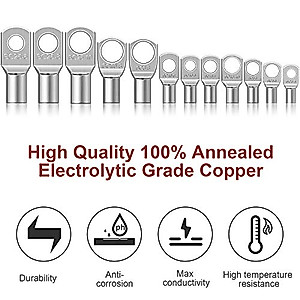 170 Pieces Copper Battery Cable Ends 12 Sizes Battery Wire Lugs Eyelets Tubular Ring Terminal Connectors SC Terminals for Automotive Supplies AWG4, AWG6, AWG8, AWG10, AWG12 (Silver)