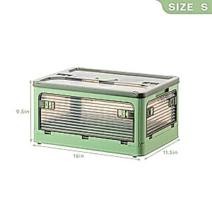 ANMINY Lidded Plastic Storage Bin 5-Door Collapsible Stackable Portable Crate Clear Storage Box Container Basket with Wheels Handles Lid for Outdoor Grocery Travel Car Truck Use - Green, Small
