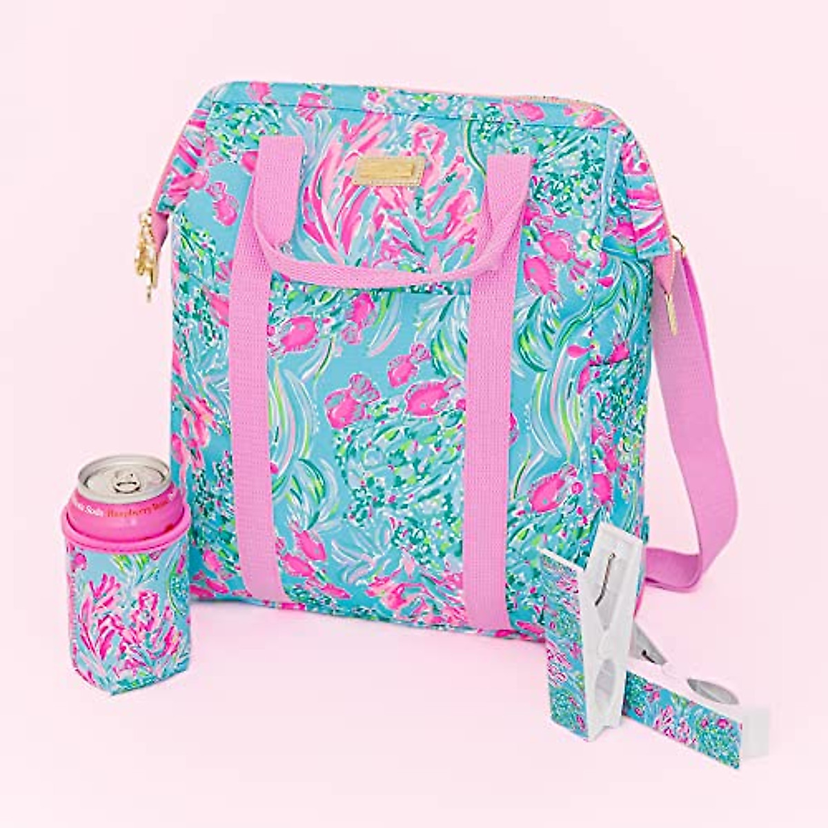Lilly Pulitzer Insulted Backpack Cooler Large Capacity, Pink/Blue Portable Soft Cooler Bag for Picnics, Beach, Pool, Hiking, Best Fishes