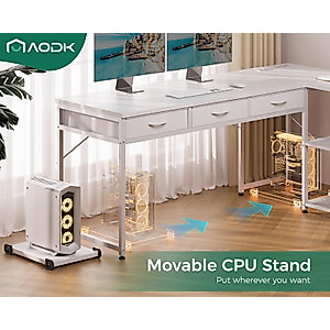 AODK 53 Inch L Shaped Computer Desk with Drawers, Corner Desk with Power Outlets & Reversible Storage Shelves, Movable CPU Stand for Home Office Gaming, White