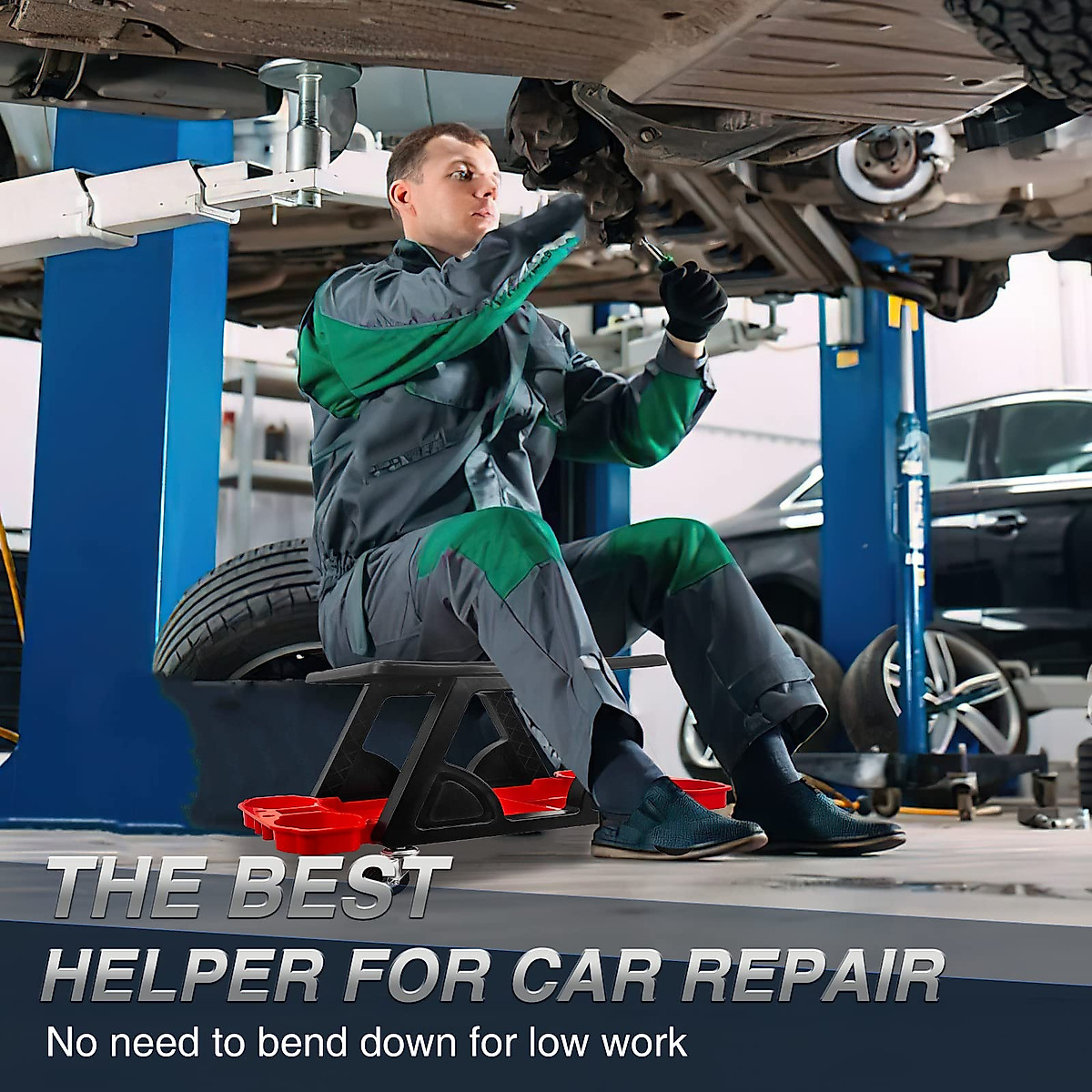 AgiiMan Rolling Mechanic Stool - 300 LBS Capacity Detailing Garage Stool with Wheels, Heavy Duty Mechanic Garage Chair Creeper Seat 2 Tool Storage Drawers Under Seat for Garage Repair