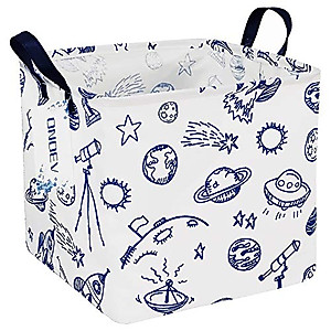 ONOEV Square Fabric storage box, decorative basket and finishing basket with handle are used for the storage of clothes, books and sundries (Blue Planet)