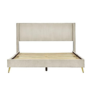 Queen Size Platform Bed Corduroy Upholstered Platform Bed with Wingback Headboard Queen Bed Frame with Metal Legs and Strong Wooden Slats, No Box Spring Needed, Noise Free, Easy Assembly, Beige